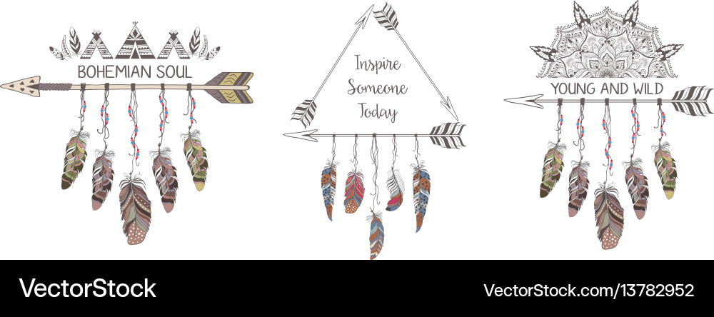Set of hand drawn boho style design with mandala Vector Image