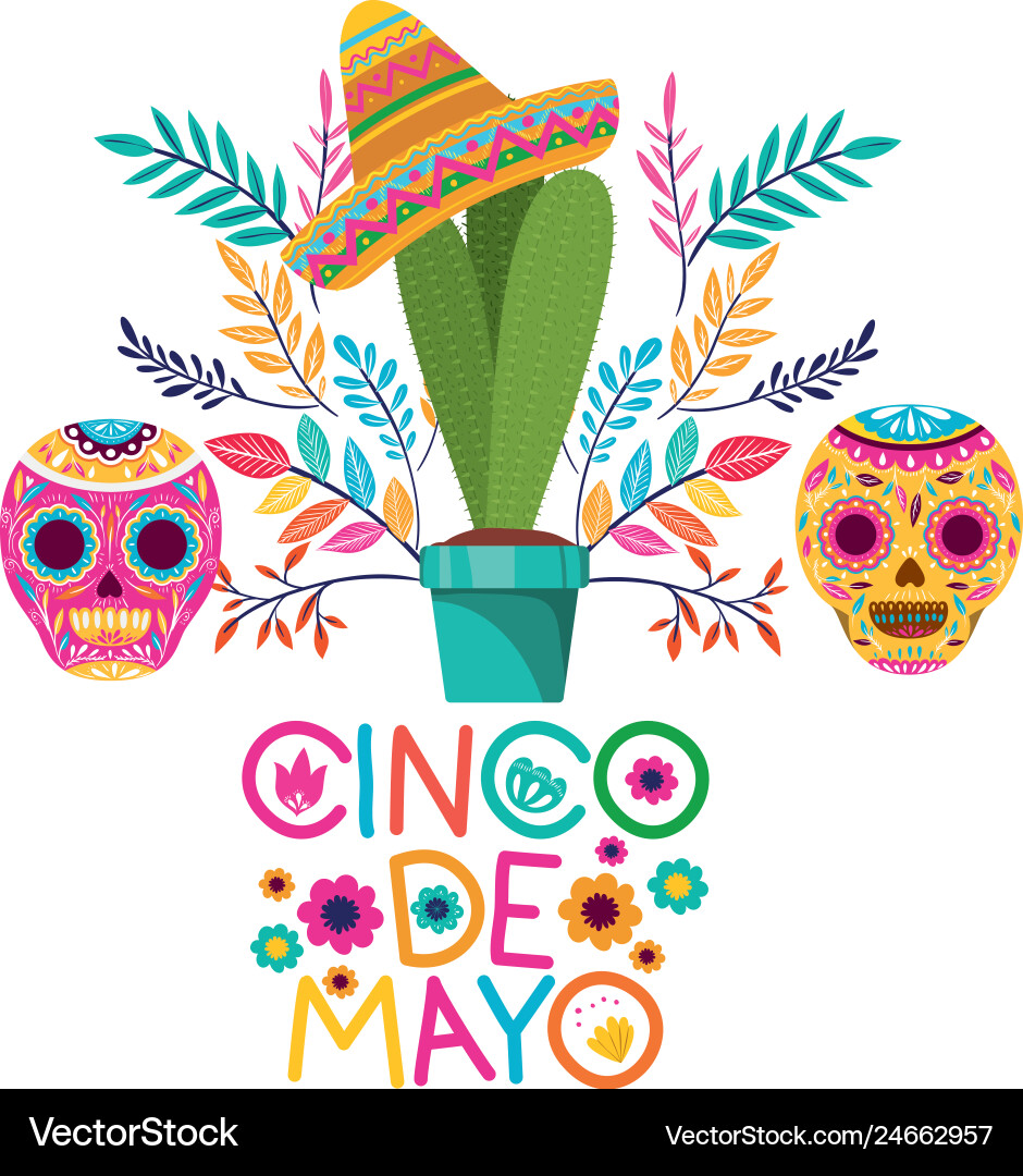 Cinco de mayo label with cactus and skull Vector Image