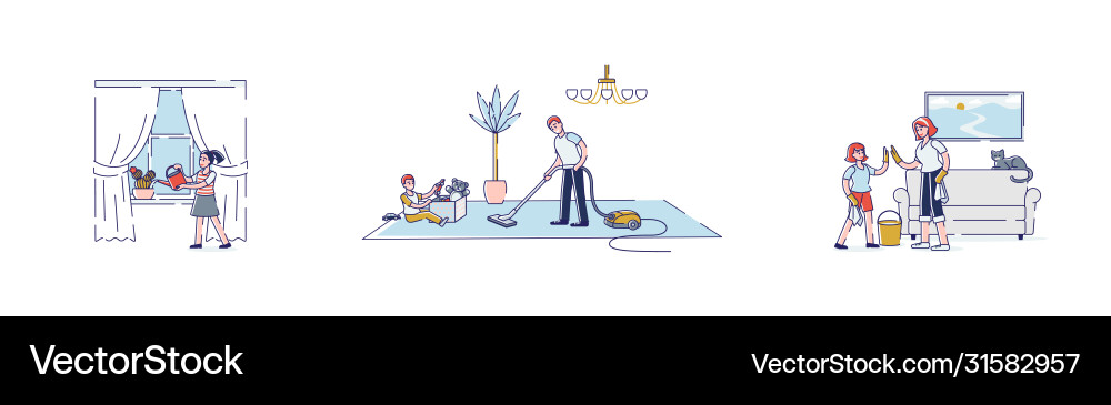 Set cartoon characters cleaning house Royalty Free Vector