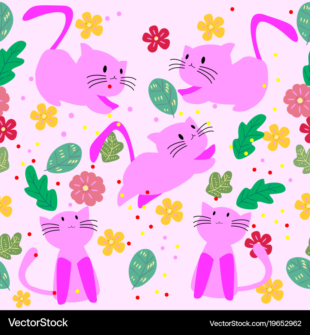 Cute cat seamless pattern with flower on colorful Vector Image