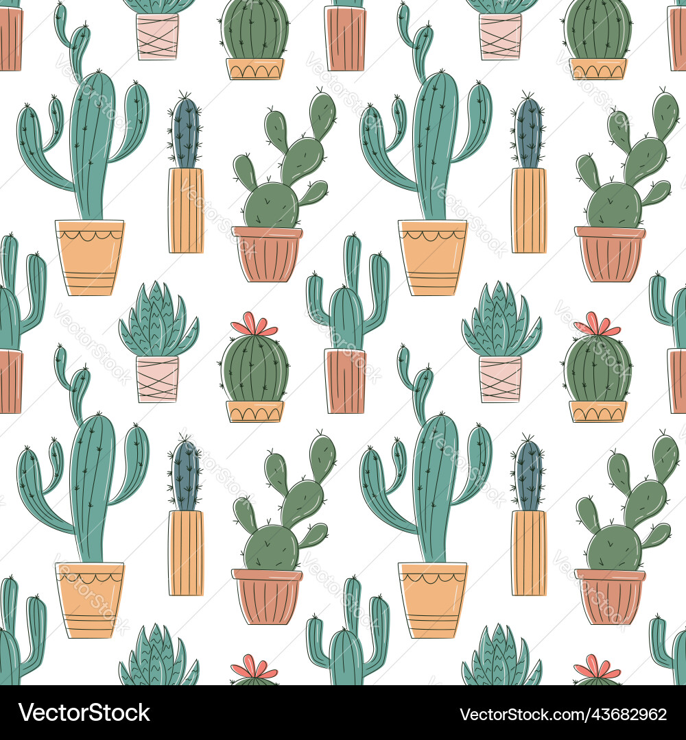 Seamless pattern with hand drawn cactus Royalty Free Vector