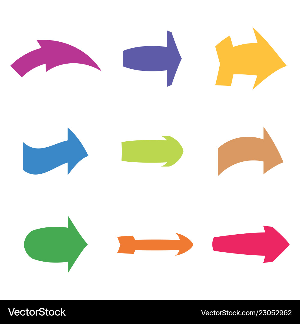 Set of nine multicolored various arrows Royalty Free Vector