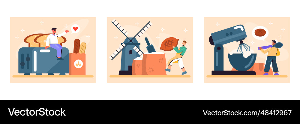 Set of bakers working and baking bread man Vector Image