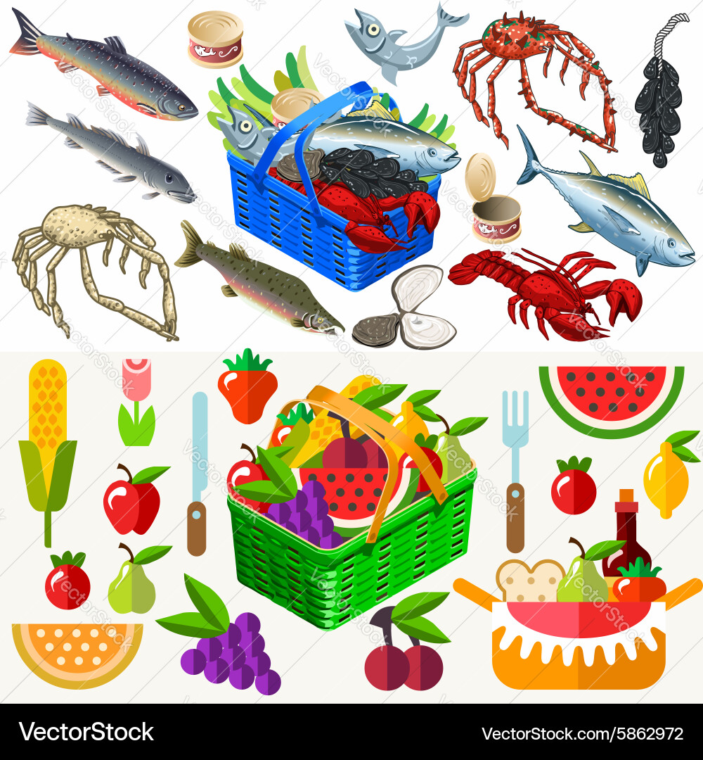 Food set fish and vegetables 3d isometric Vector Image