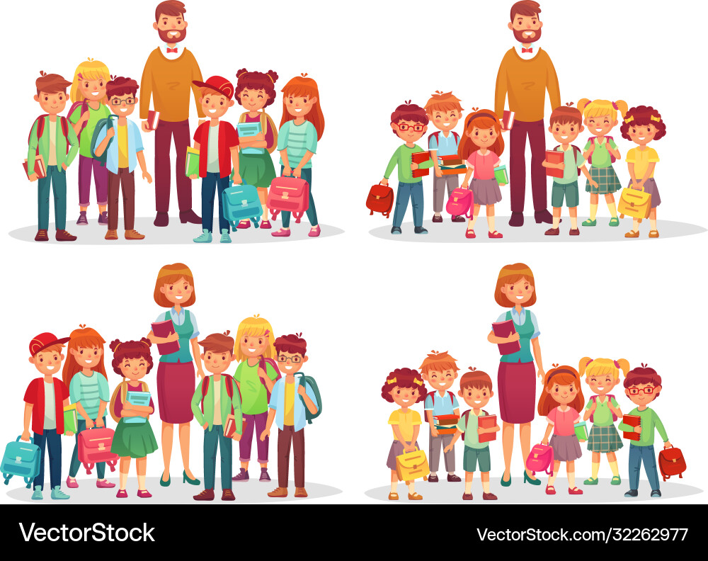 Group school kids and teacher isolated Royalty Free Vector