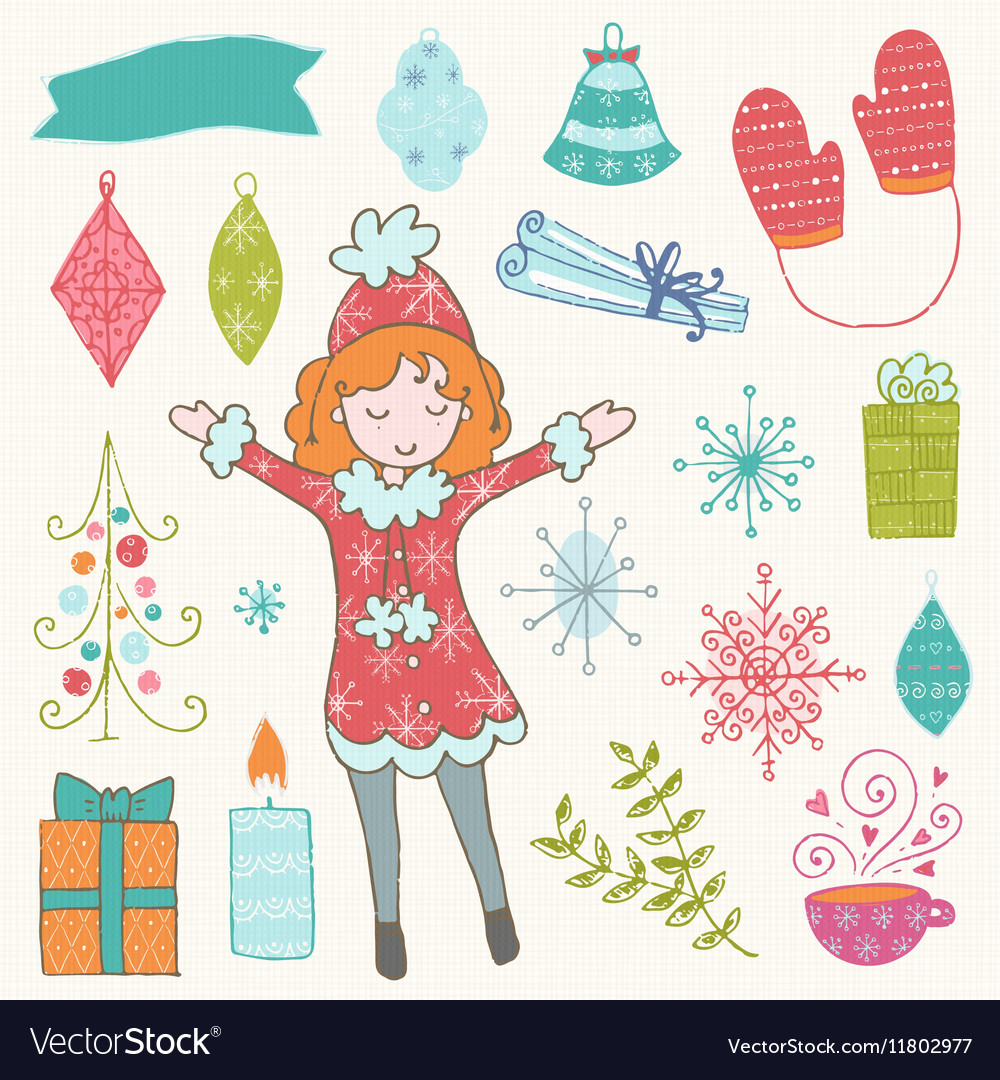Winter hand drawn elements collection Royalty Free Vector