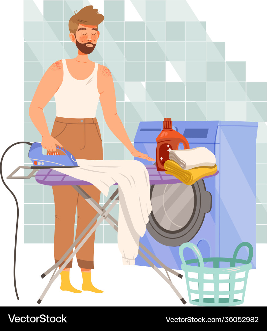 Bearded man ironing clothes on board at home Vector Image