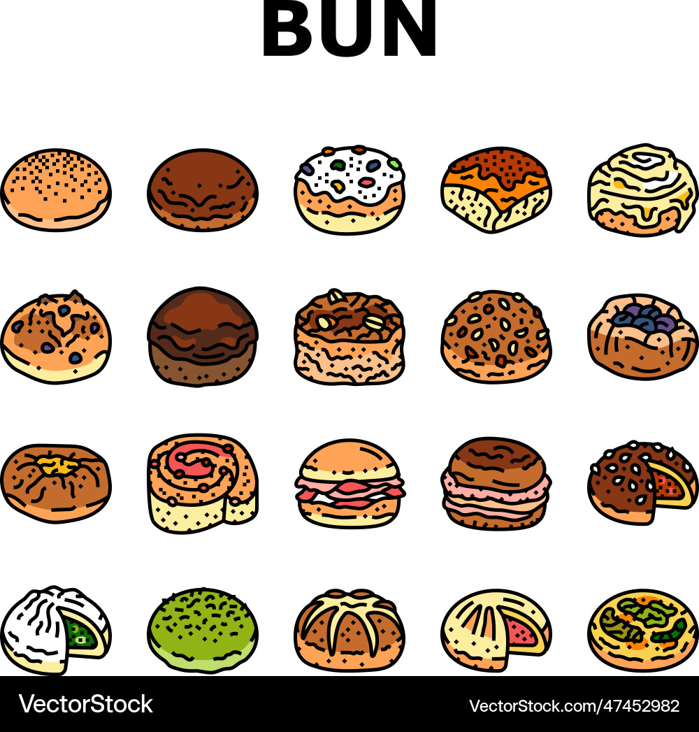 Bun food meal bread icons set Royalty Free Vector Image