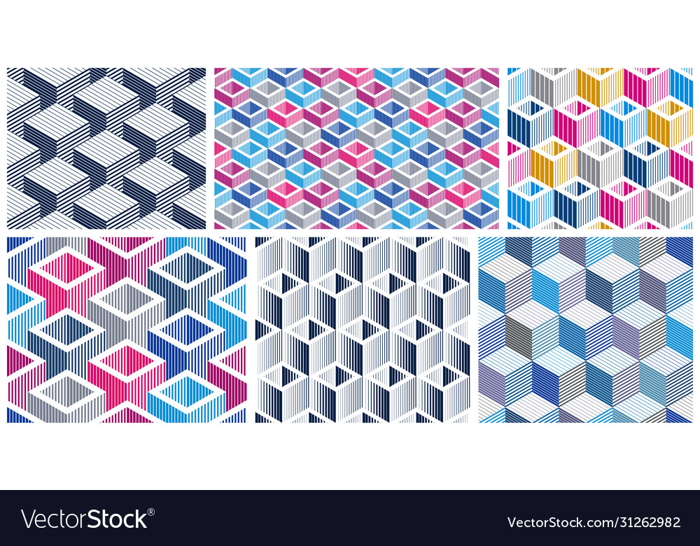 Geometric 3d seamless patterns with lined cubes Vector Image