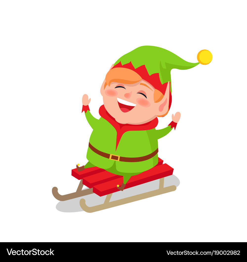 Happy elf riding on sleigh isolated white Vector Image