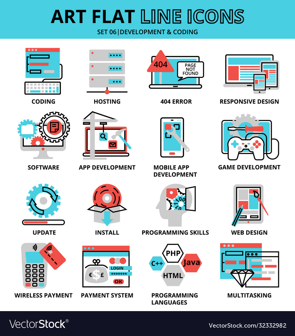 Set development and coding icons Royalty Free Vector Image