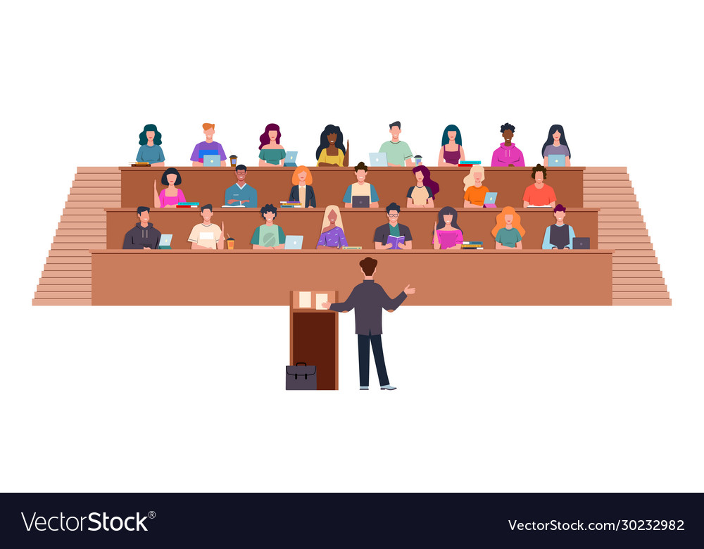 Students in lecture hall learning process in Vector Image