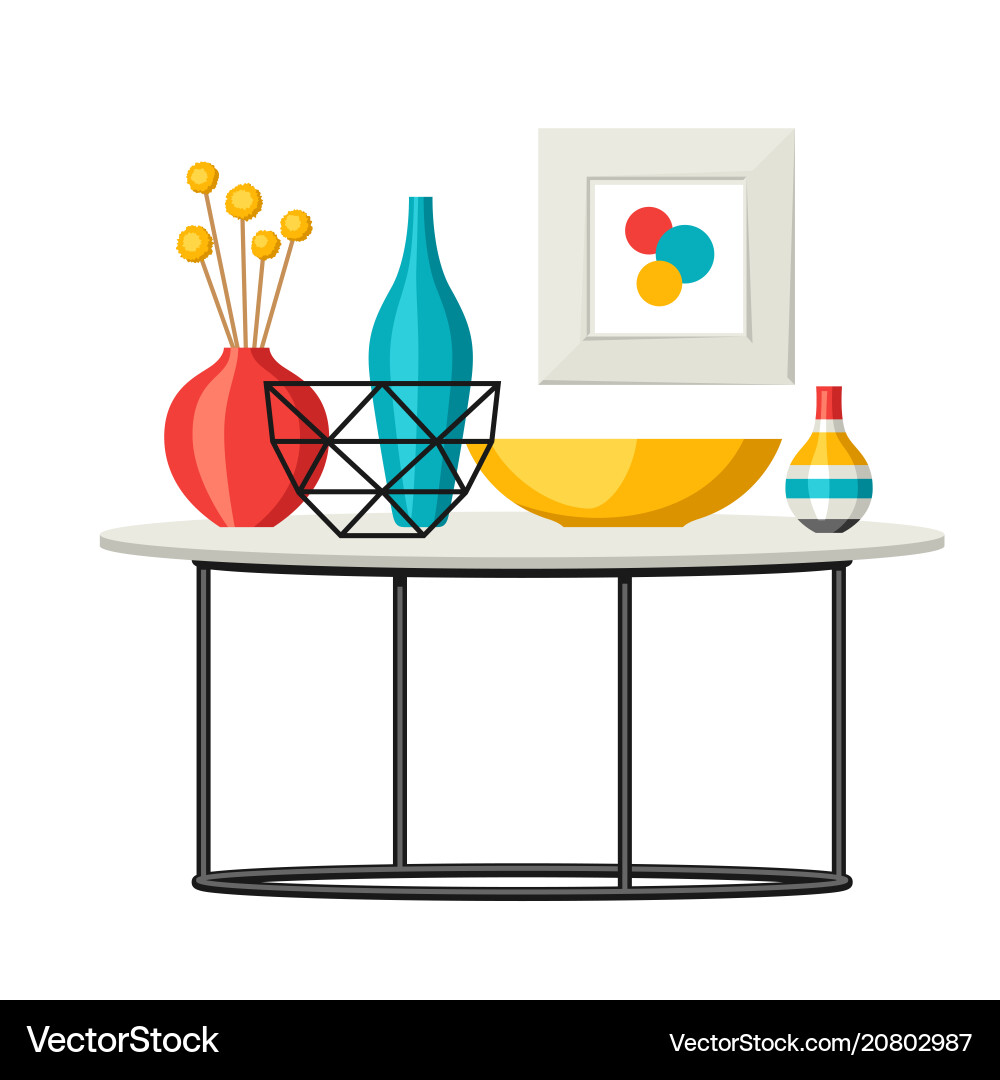 Interior home decor table with vases and picture Vector Image
