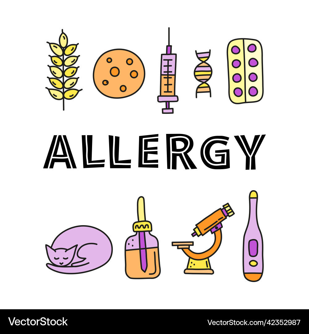 Poster with lettering and doodle colored allergy Vector Image