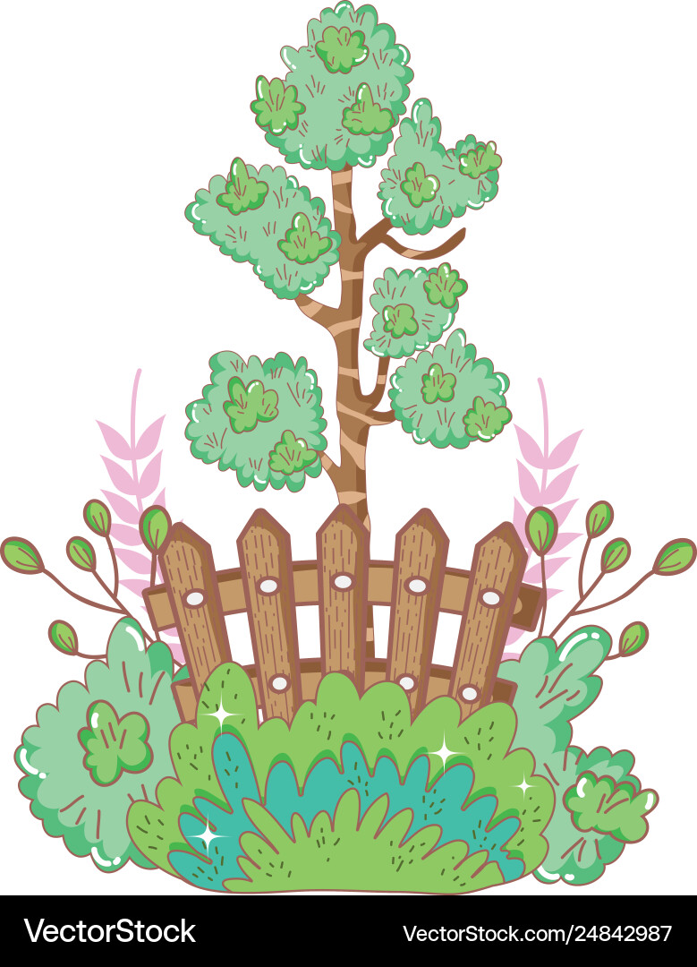 Tree plant with fence and bush Royalty Free Vector Image