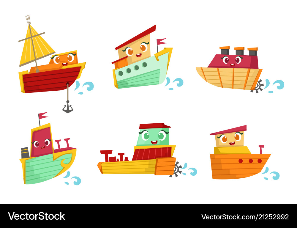 Flat set small wooden boats with cute Royalty Free Vector