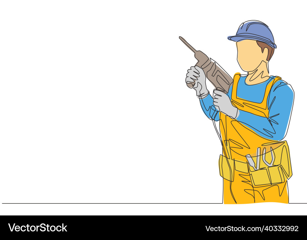 One continuous line drawing of young handyman Vector Image