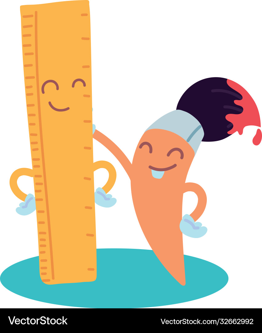 Ruler and brush with happy face cartoon Royalty Free Vector