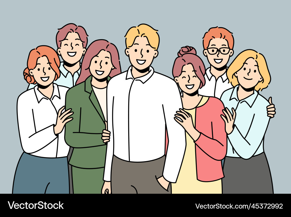 Smiling employees posing with male boss Royalty Free Vector