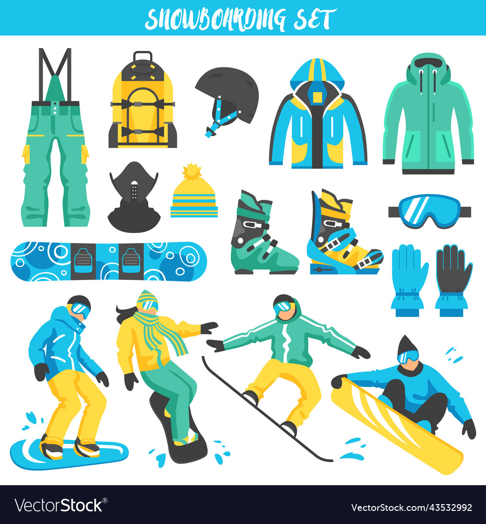Snowboarding equipment colored set Royalty Free Vector Image