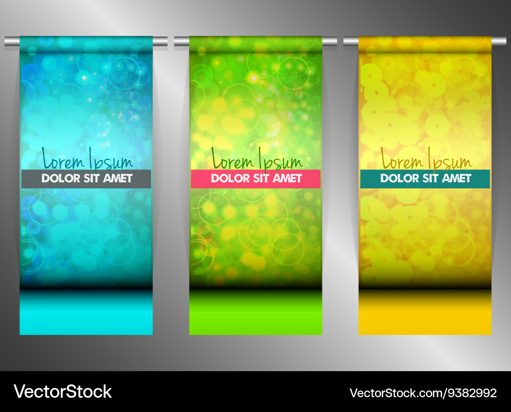 Three bright banners hanging on steel tubes Vector Image