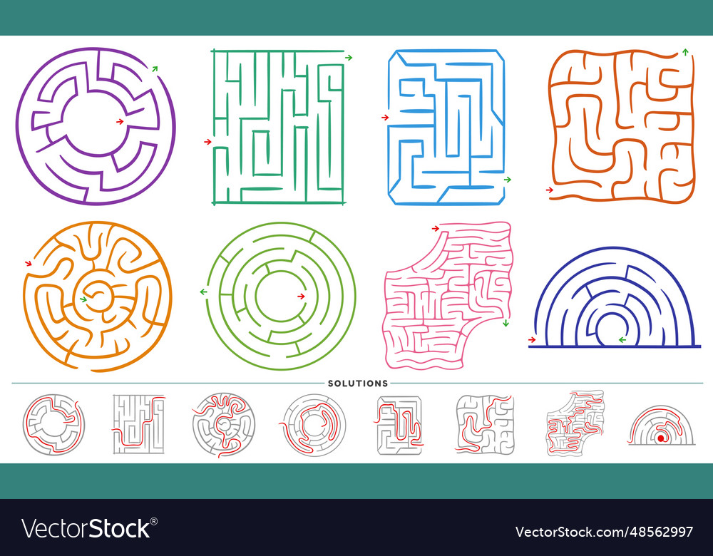 Maze puzzle activities graphs set with solutions Vector Image