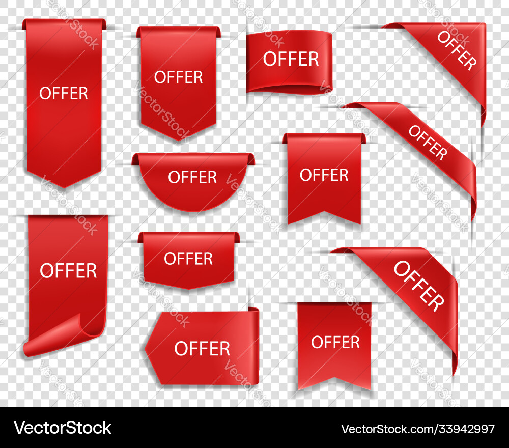 Offer red banners isolated ribbons set Royalty Free Vector