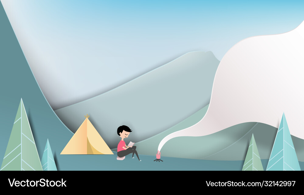 Smiley camping man reading book on mountain Vector Image