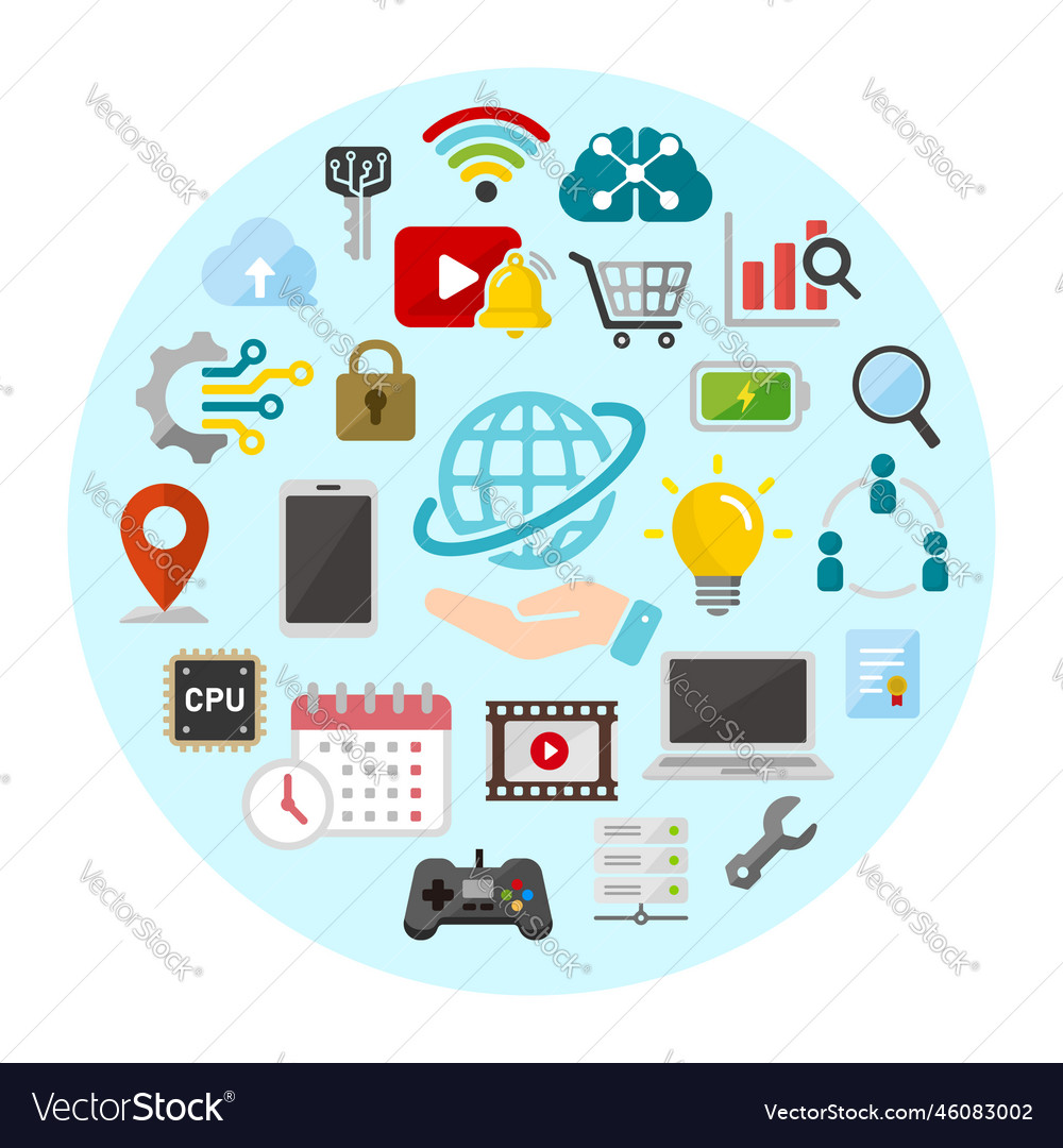 Technology business network etc icon set Vector Image