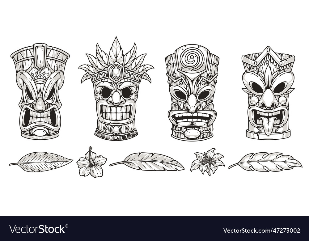 Tiki totems monochrome set element Royalty Free Vector Image