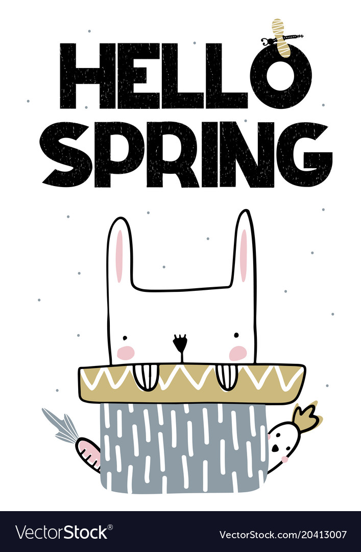 Card with lettering hello spring with cute bunny Vector Image