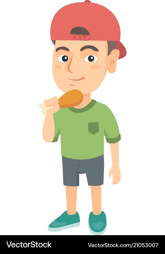 Caucasian eating roasted chicken leg Royalty Free Vector