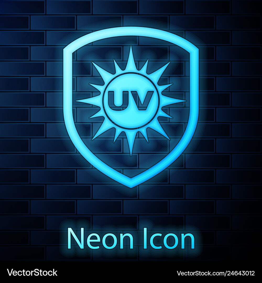 Glowing neon uv protection icon isolated on brick Vector Image