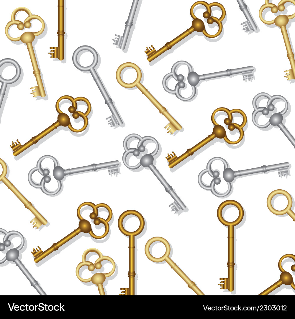 Pattern of old keys gold and silver on white backg