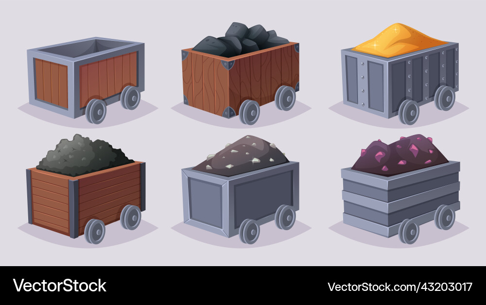 Mining carts minerals coal gold precious stones Vector Image