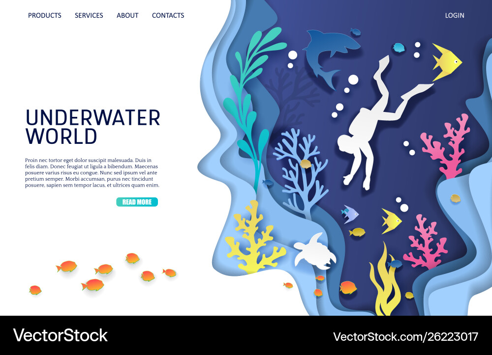 Underwater world website landing page Royalty Free Vector