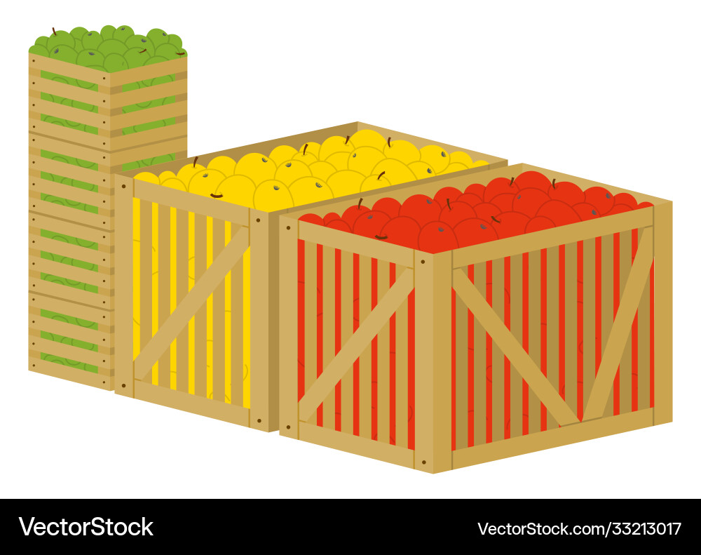 Wooden boxes full colorful apples image Royalty Free Vector