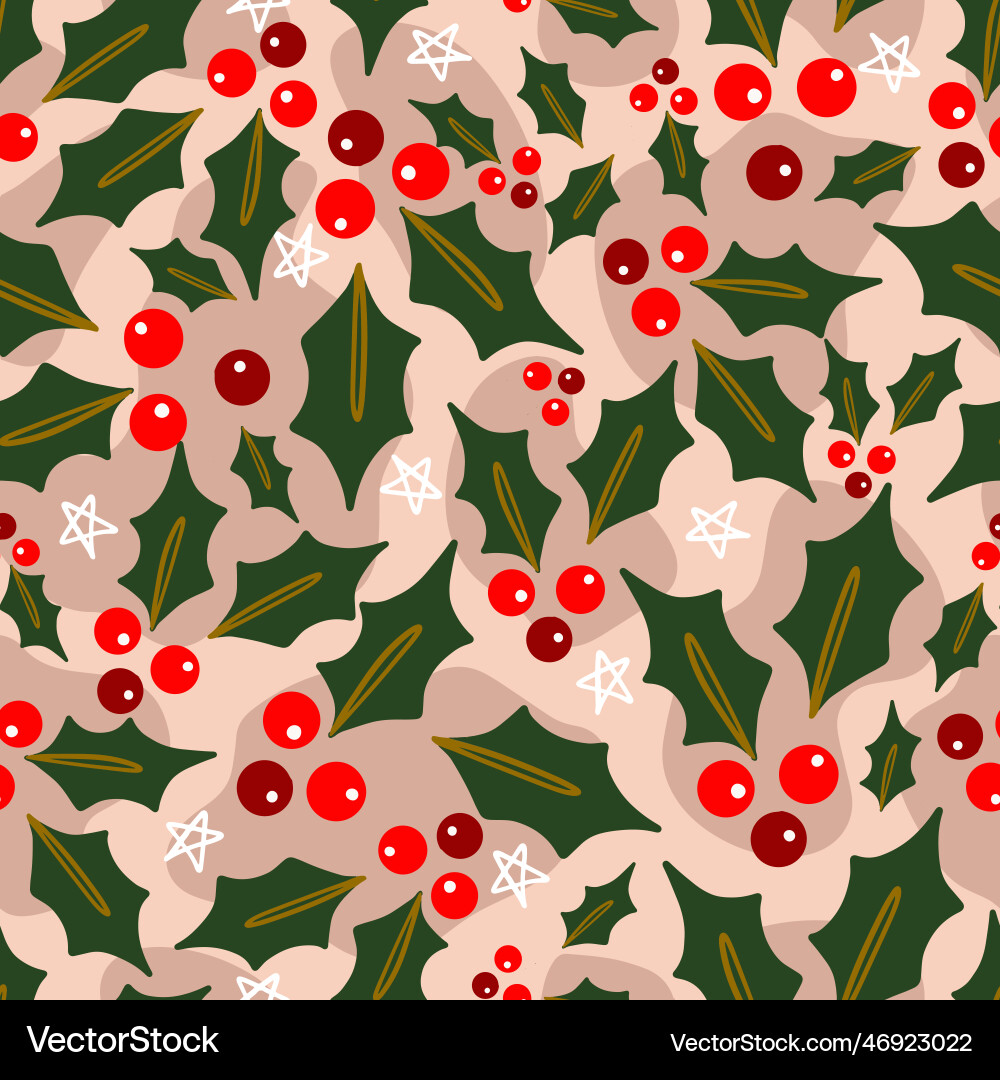 Holiday winter berries and leaves seamless pattern