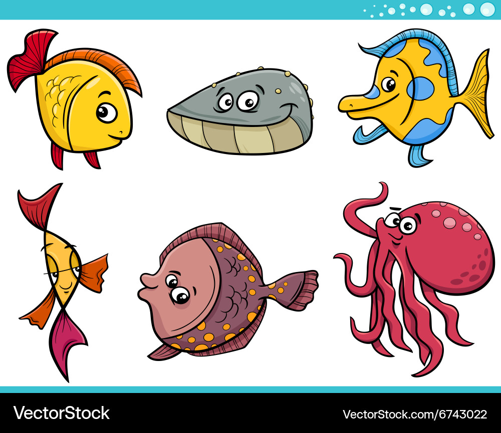 Sea life fish cartoon set Royalty Free Vector Image