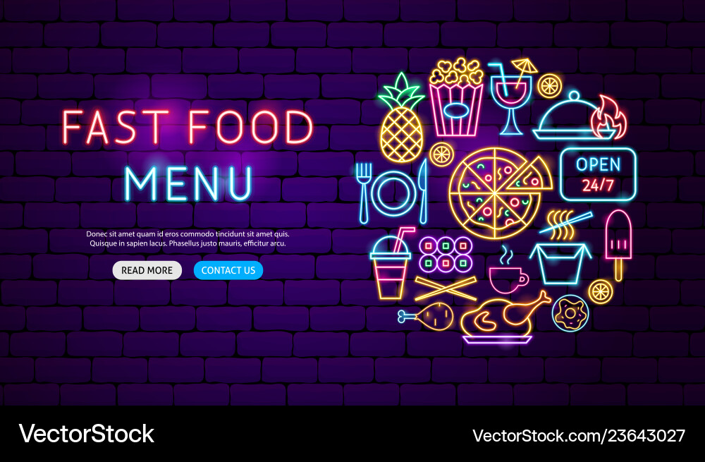 Fast food menu neon banner design Royalty Free Vector Image