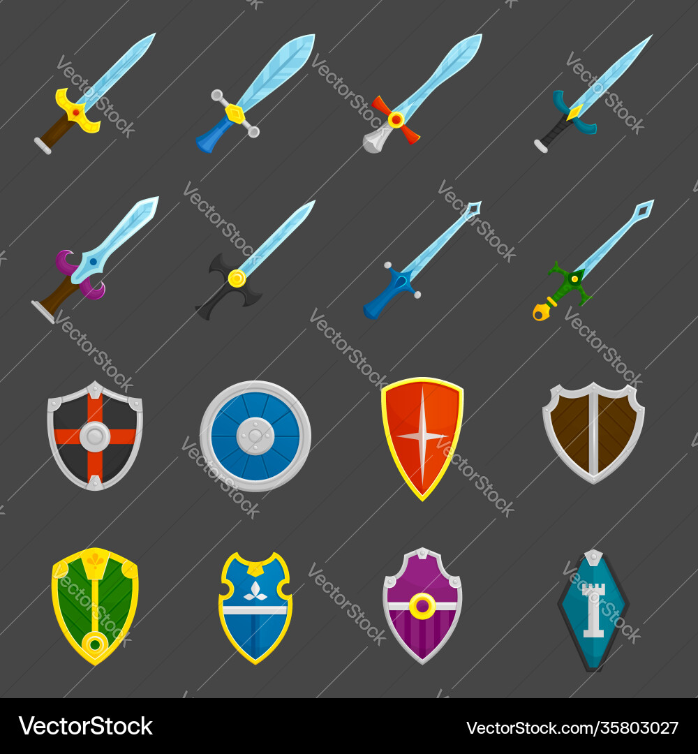 Shield swords emblems icons set Royalty Free Vector Image