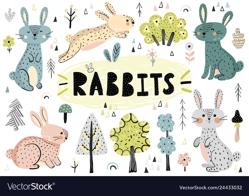 Cute rabbits trees plants and other elements Vector Image