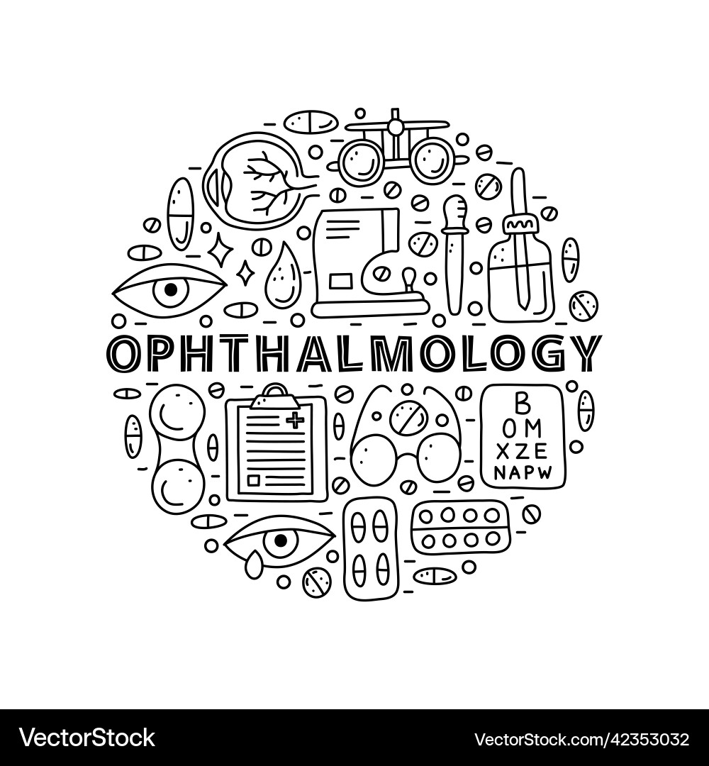 Doodle outline ophthalmology icons in circle Vector Image