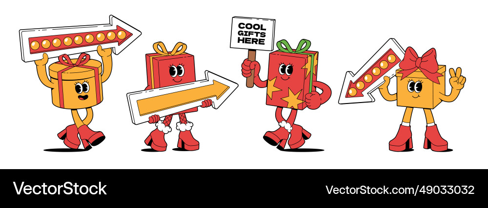 Funny gift box characters holding signs arrows Vector Image