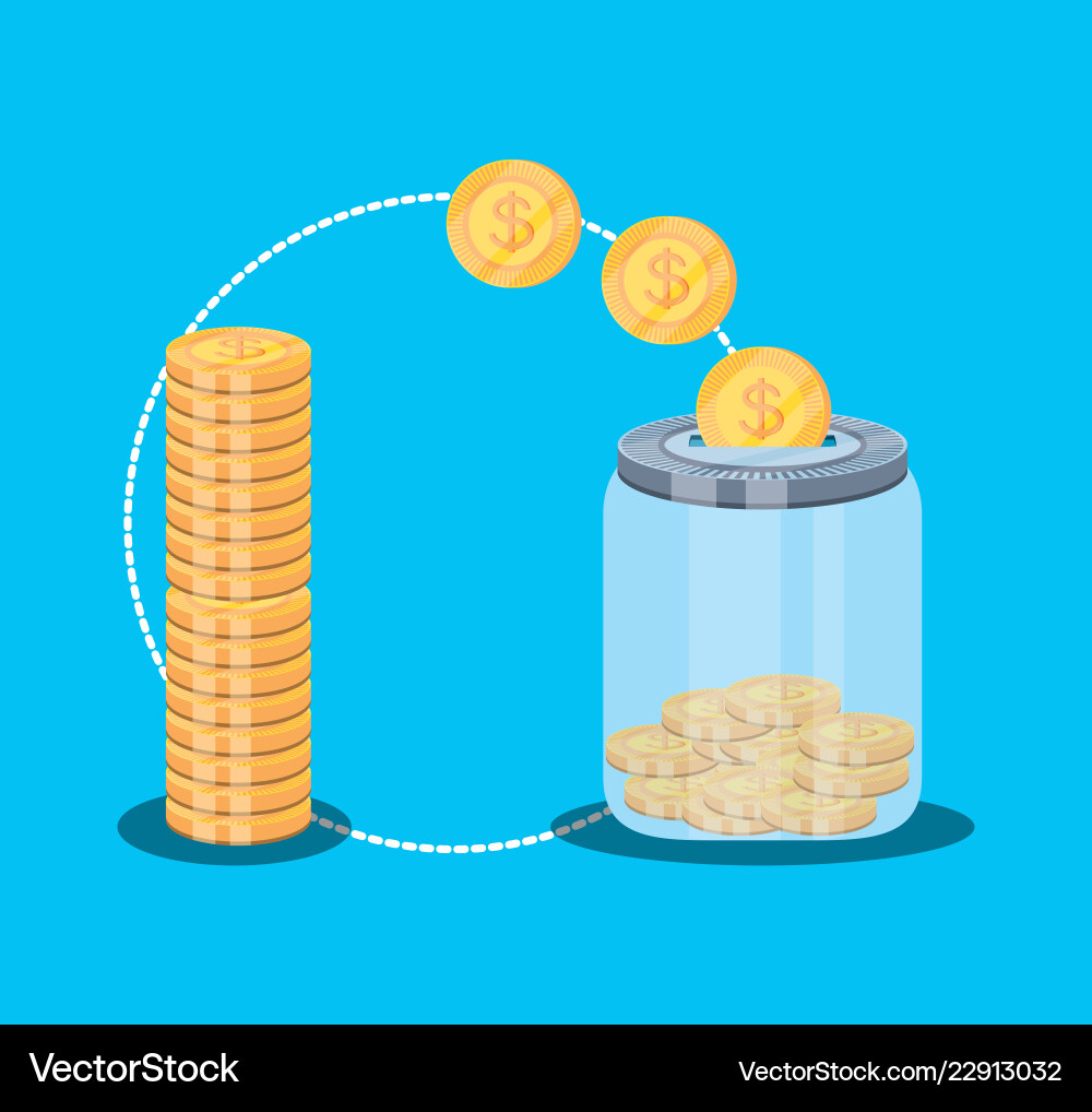 Pile of coins dollar with saving bottle Royalty Free Vector