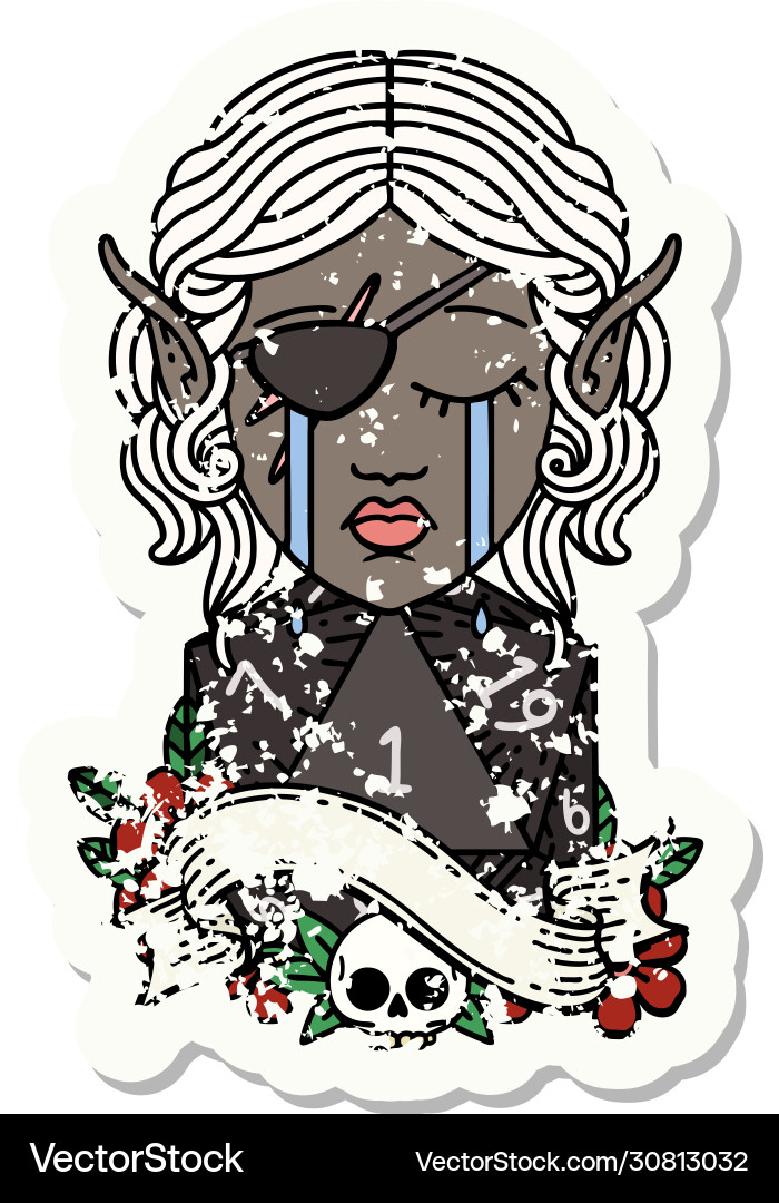 Sad elf rogue character face with natural one d20 Vector Image