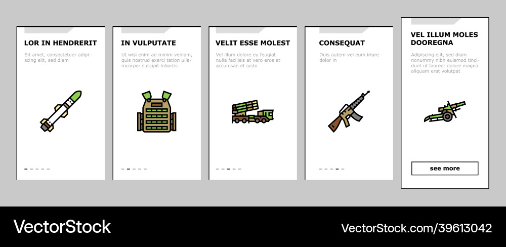 Army soldier and war technics onboarding icons set