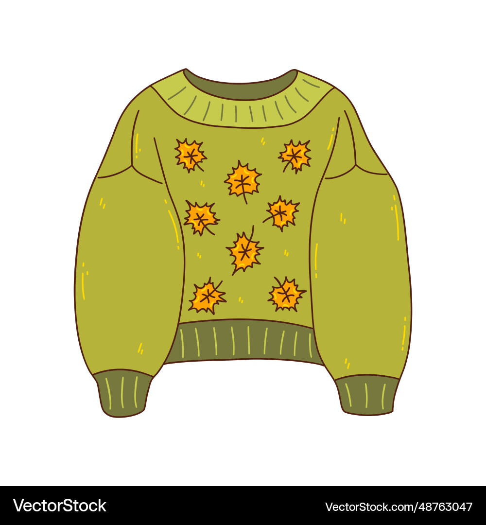 Autumn cozy green knitted sweater with maple Vector Image