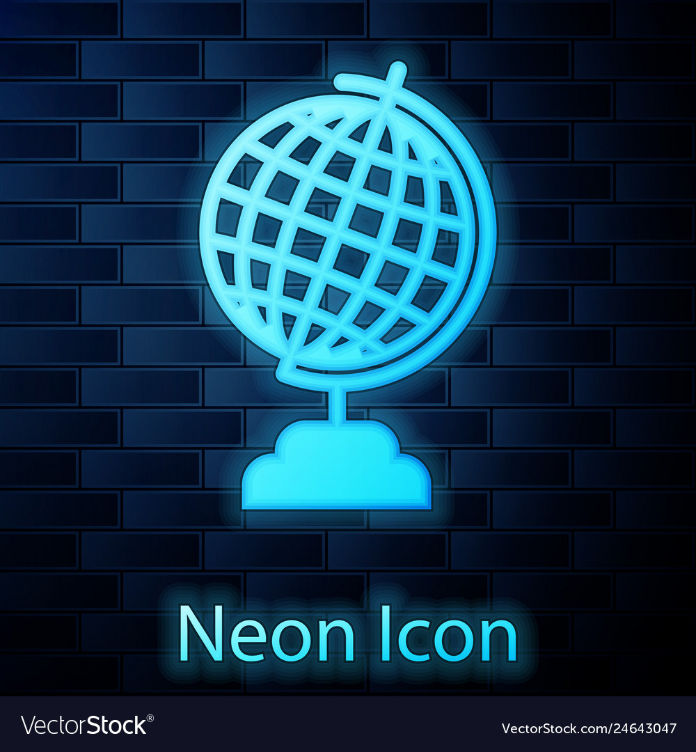 Glowing neon earth globe icon isolated on brick Vector Image