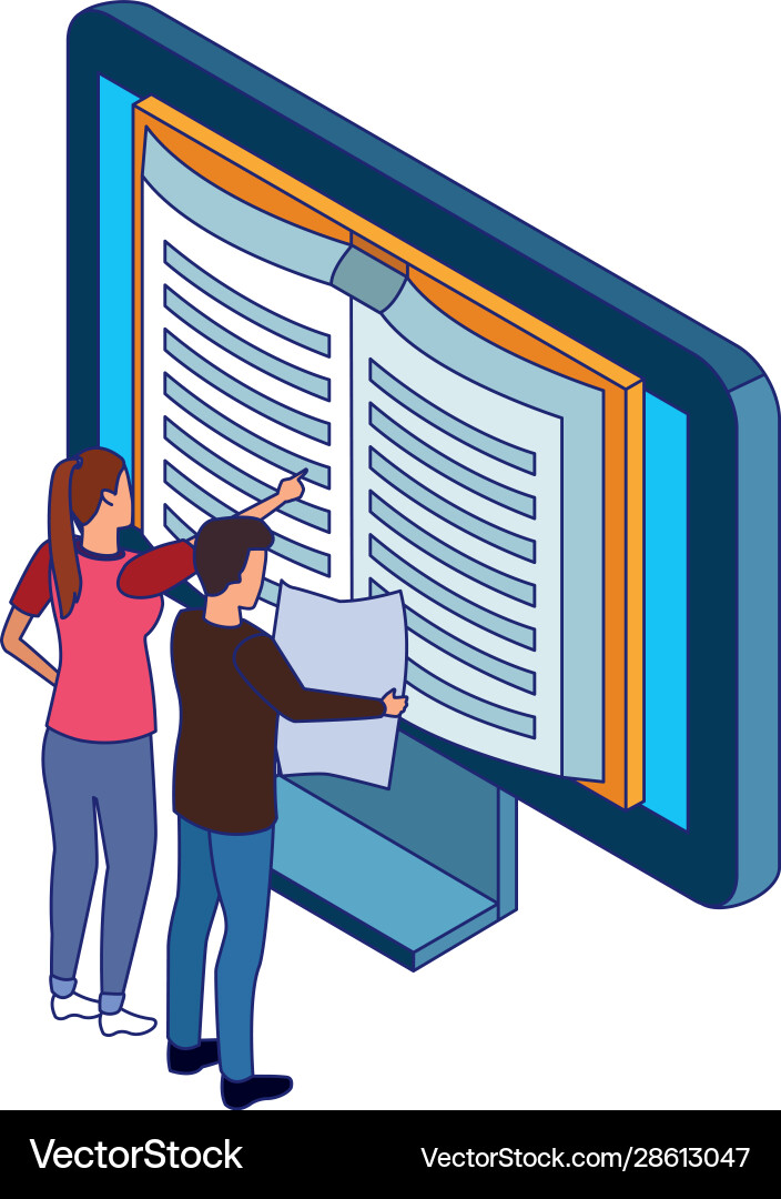 Woman and man pointing a book on computer screen Vector Image